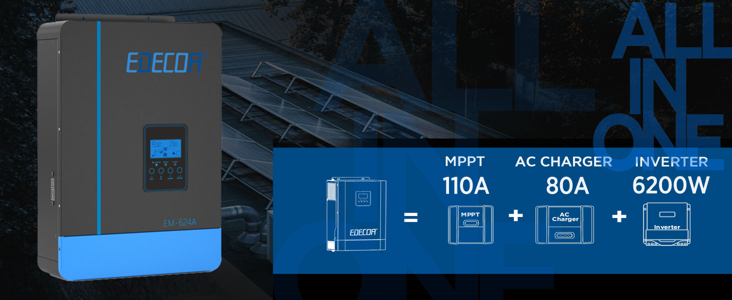 EDECOA 6200W 7000VA Solar Power Inverter 48V DC to 230V 240V AC Hybrid All-in-One Inverter Off ...