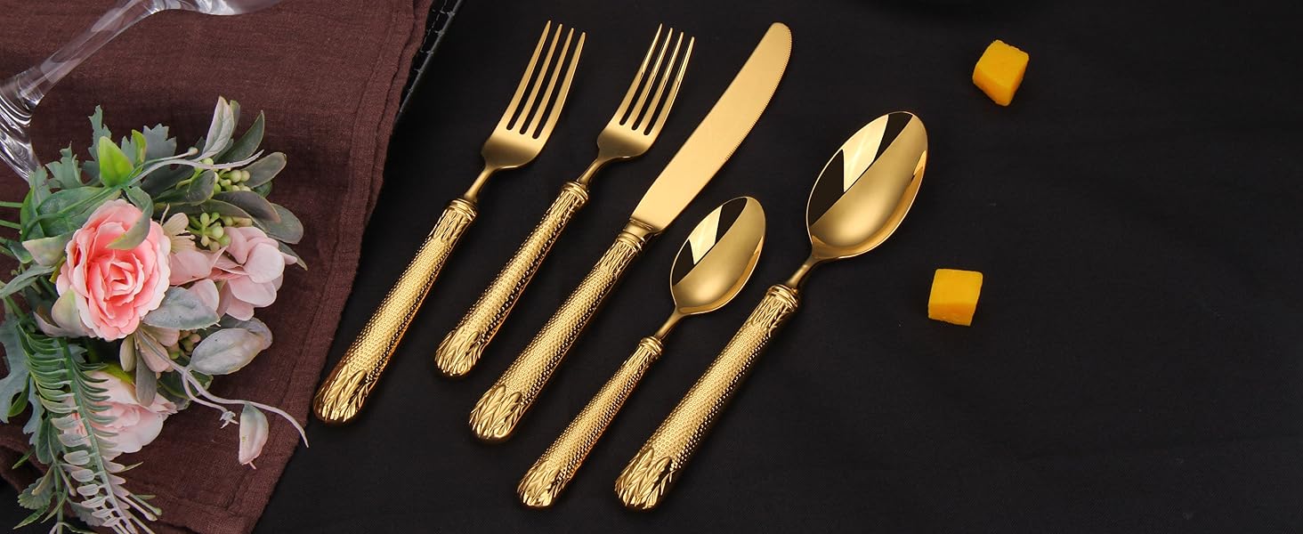 Amazon.com | ELiTA ESSENTIALS 20-Piece Gold-Plated Silverware Set, Premium 304 Stainless Steel ...