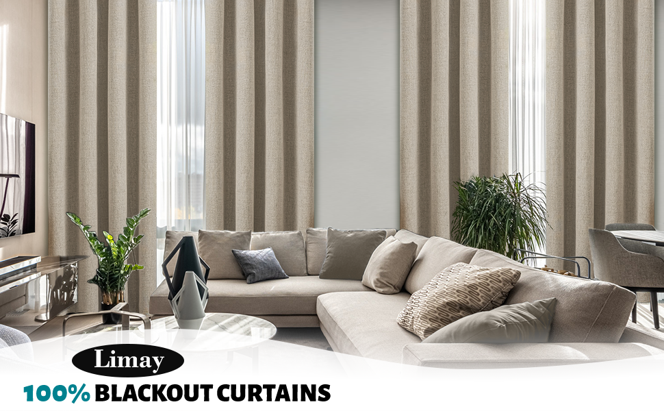Limay Natural Taupe Linen Curtains for Bedroom,100% Blackout Faux Linen Textured Curtains for ...