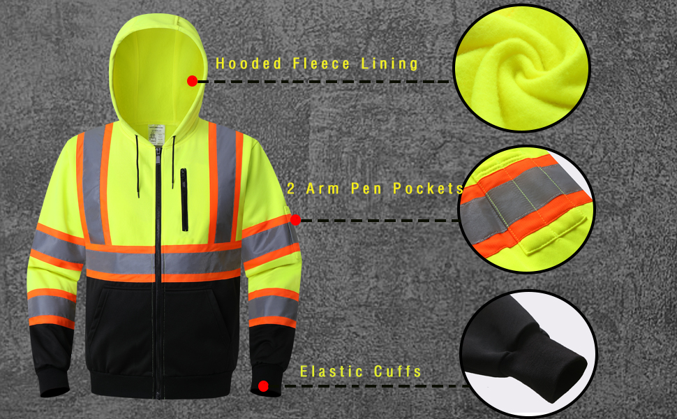 Kazsaifo Hi Vis Hoodie for Men Women Class 3 High Visibility Safety Hoodies Jacket Reflective ...