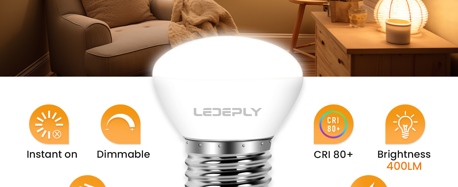 LEDEPLY R14 LED Bulb, 4W=40W, Dimmable, Medium E26 Base, Mini LED Reflector Floodlight Bulb, 400 ...