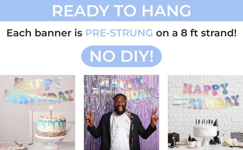 Amazon.com: Pre-Strung Happy Birthday Banner - No DIY - Iridescent Birthday Party Banner - Pre ...