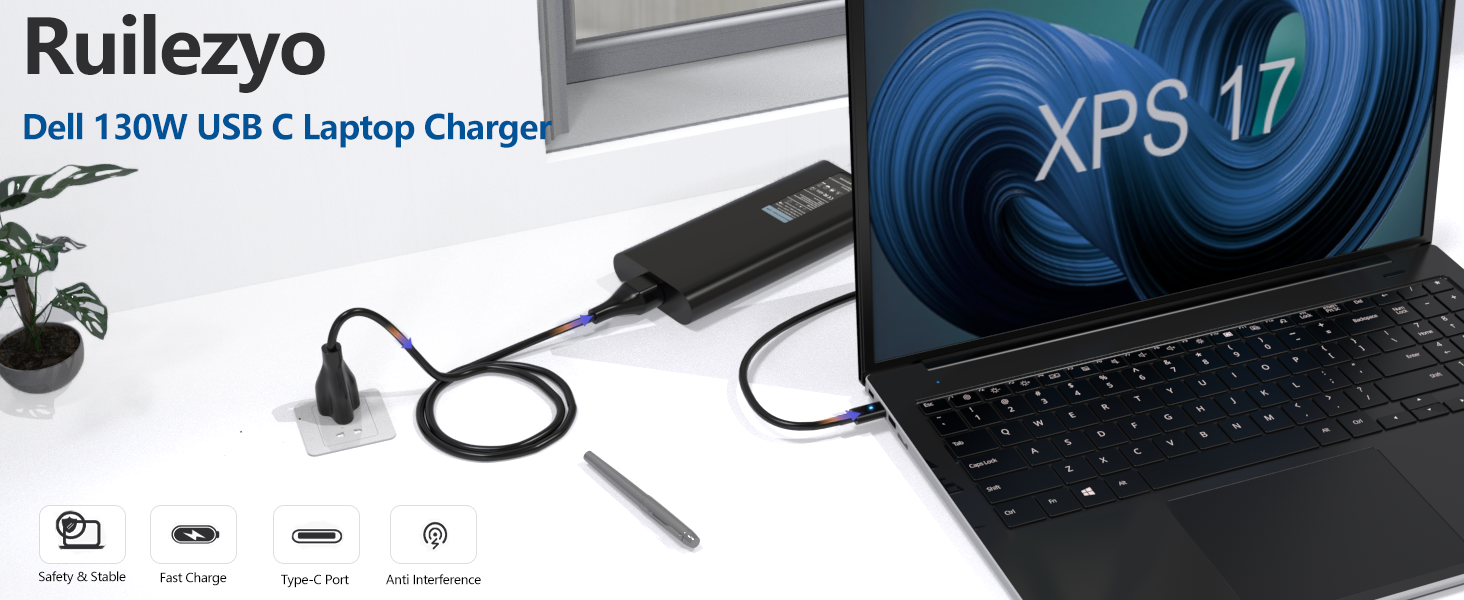 Ruilezyo 130W USB C Laptop Charger Compatible with Dell XPS 15 17 9500 9575 9700 Precision 5550 ...