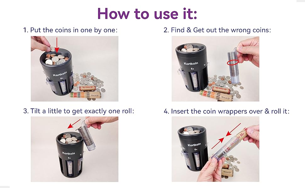 Amazon.com : Kortkoin Automatic Coin Sorter 5-IN-1 Coin Counter with Coin Wrappers, Empty Piggy ...