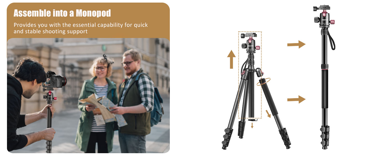 CAMBOFOTO 74‘’/188cm Professional Camera Tripod, Portable Tripod 188cm/Monopod 191cm, 3/8 ...