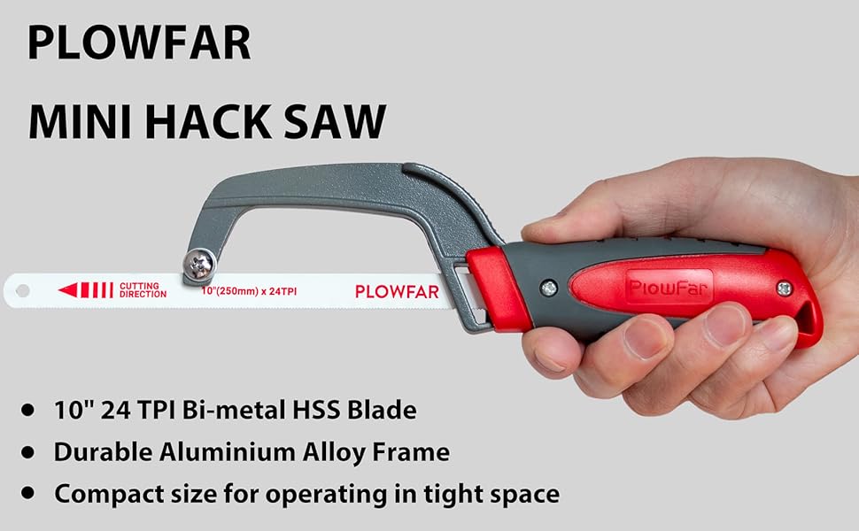 PLOWFAR Aluminum Frame Mini Hacksaw with 250mm Flexible Bi-Metal HSS Hacksaw Blade for Metal and ...