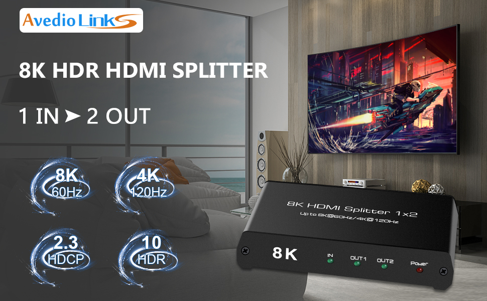Amazon.com: 8K@60Hz HDMI 2.1 Splitter, avedio links Ultra HD 4K@120Hz HDMI Splitter 1 in 2 Out ...