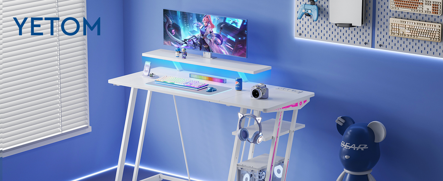 Amazon.com: YeTom 39-inch Gaming Desk with LED Lights & Power Outlets|Carbon Fiber Gaming Table ...