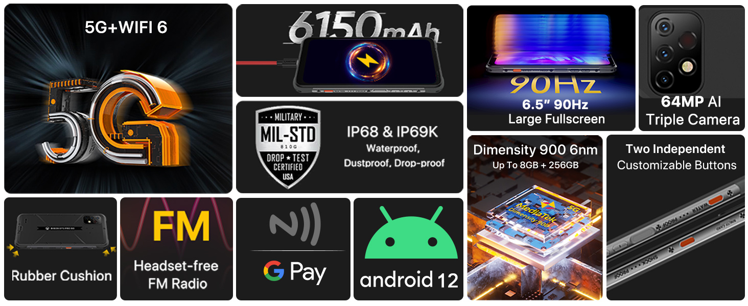 Amazon.com: UMIDIGI Bison GT2 PRO 5G Rugged Unlocked Smartphones, 8G+256GB Waterproof IP68/IP69K ...