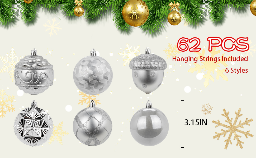 Amazon.com: Fuovt 62pcs Silver Christmas Balls Ornaments Set - 3.15" Big Christmas Balls ...