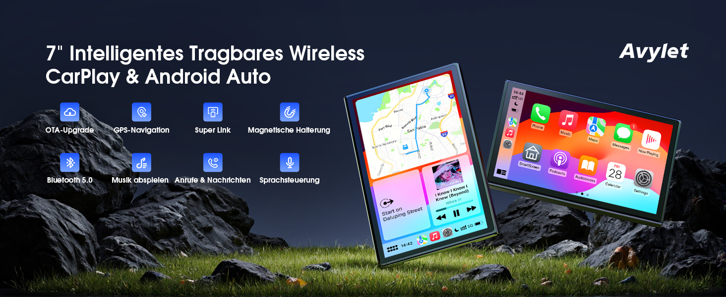 Avylet 7" Tragbares Wireless CarPlay Display mit Magnet-Halterung, für Apple CarPlay & Android ...