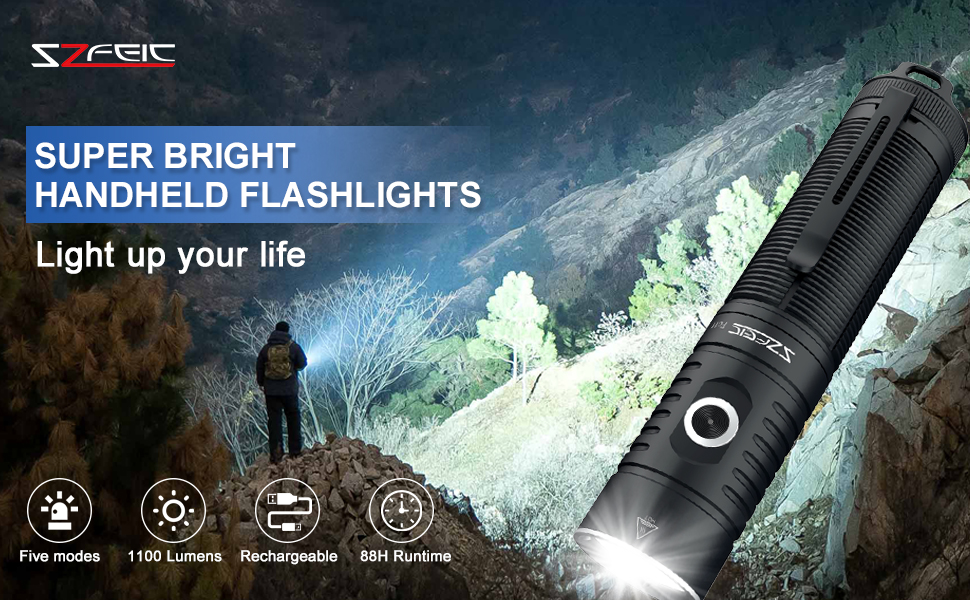 SZFEIC Led Flashlight Rechargeable 1100 Lumens, IPX8 Waterproof Tactical Flashlights, Powerful 5 ...