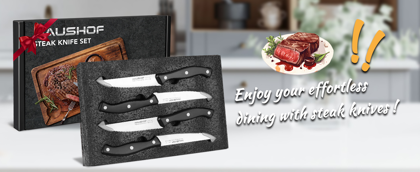 Amazon.com: HAUSHOF Steak Knives Set of 4, Premium Stainless Steel Serrated Steak Knife Set with ...