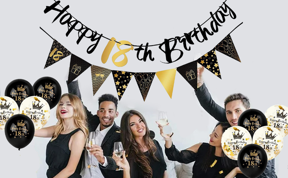 Amazon.com: SMENGGIL Black Gold 18th Happy Birthday Party Decorations Banner Triangle Flag ...