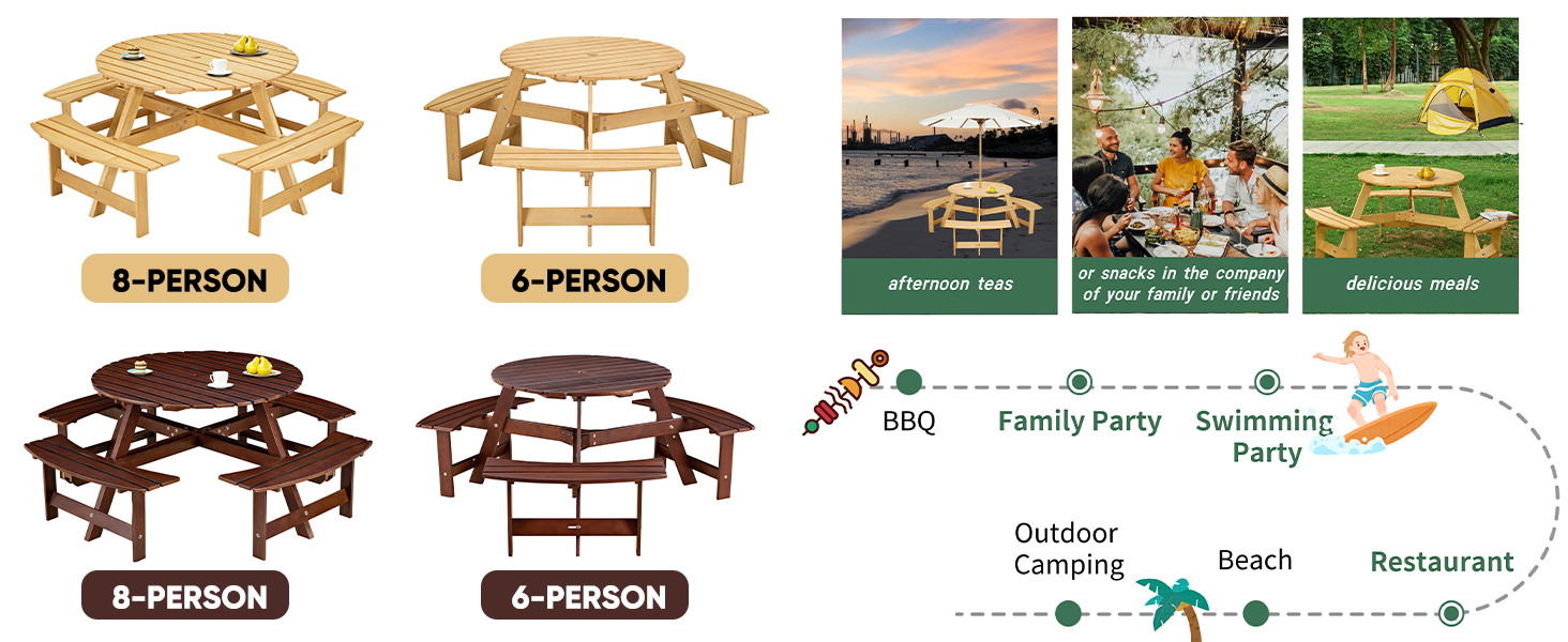 Amazon.com: JOYBASE 8-Person Wooden Picnic Table, Outdoor Round Picnic Table with Built-in ...