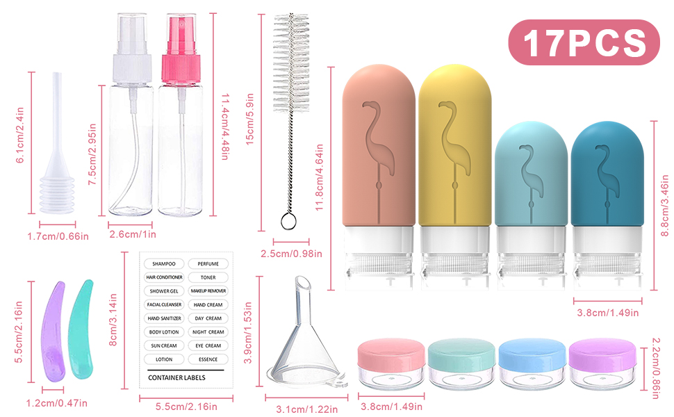 Juego de 17 Botellas De Viaje Silicona, RUIAO Reutilizable Kit de Viaje, A Prueba de Fugas ...