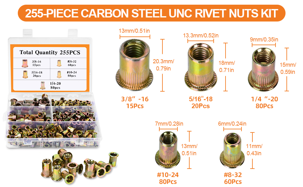255pcs Rivet Nuts Assortment Kit - #8-32, #10-24, 1/4"-20, 5/16"-18, 3/8"-16 Sizes, Carbon Steel ...