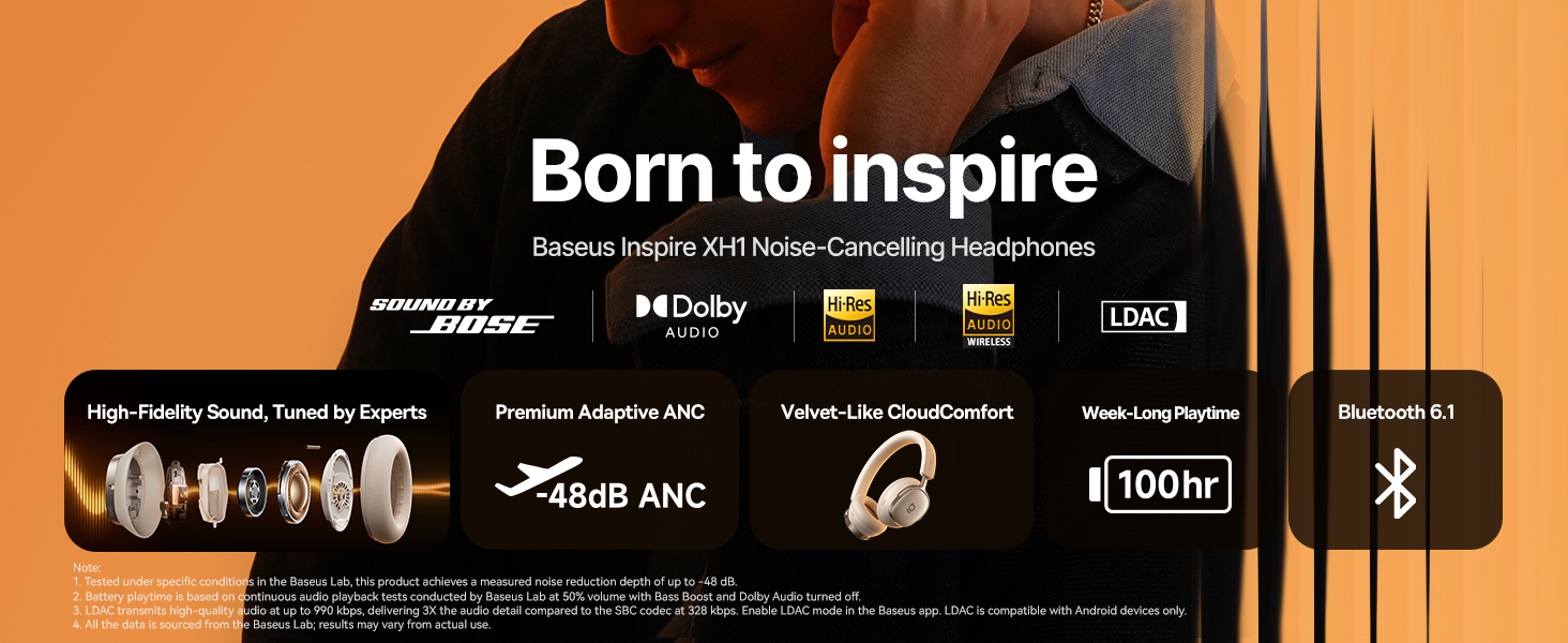 Amazon.com: Baseus Inspire XH1 Adaptive Active Noise Cancelling Headphones, Sound by Bose, Dolby ...