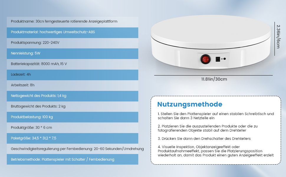 PaNt Drehteller Elektrisch 100kg 30cm Professioneller 360 Grad Elektrische Drehscheibe mit ...