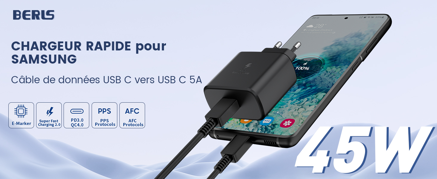45W Chargeur Rapide Compatible avec Samsung S25 S24 S23 S22 Ultra Plus, Super Fast Charge USB C ...