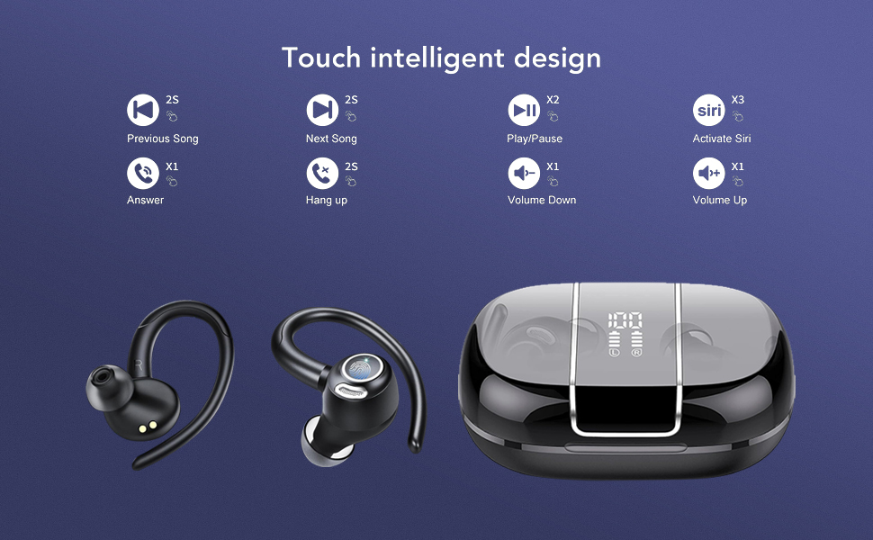 Wireless Earbud Bluetooth 5.3 Over-Ear Sport Headphones Touch Control ...