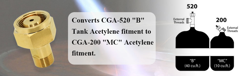 Ebrmeiwo CGA-520 B Tank Acetylene to CGA-200 MC Acetylene Regulator, Acetylene Adapter, Brass ...