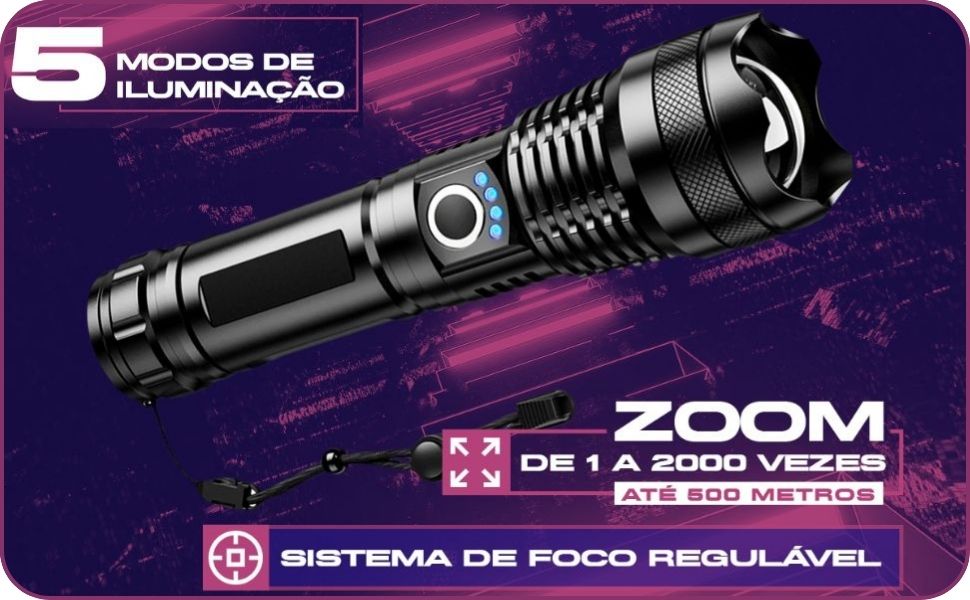 Lanterna Tática T9 Militar Super Potente Led Recarregável USB com Zoom Longo Alcance para ...