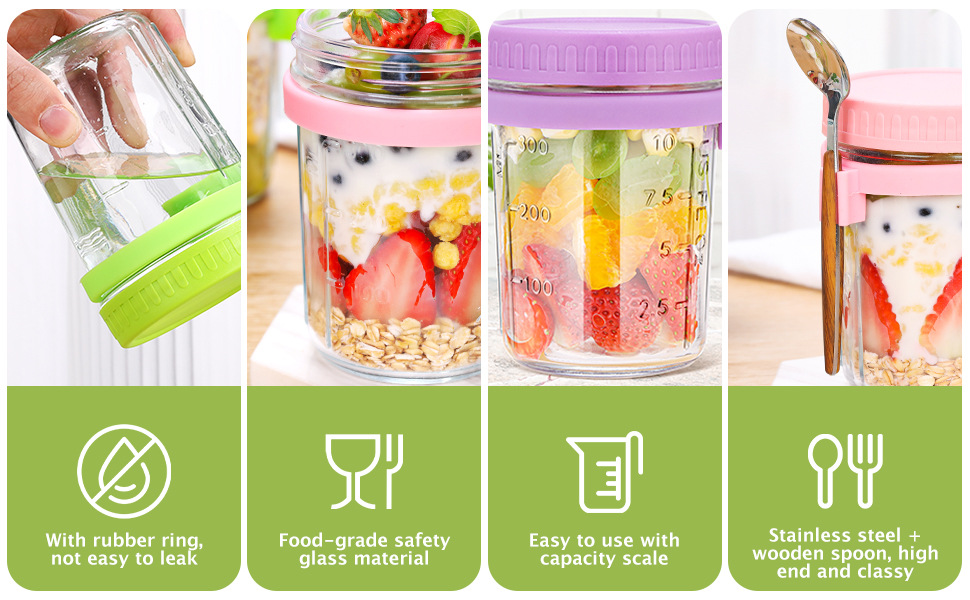 Amazon.com: Boombamo Overnight Oats Containers w.Lids and Spoons,Mason Jars for Oats,Airtight ...