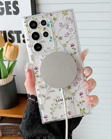 Amazon.com: RALEAVO for Samsung Galaxy S22 Ultra Case Compatible with MagSafe Clear Floral Cover ...