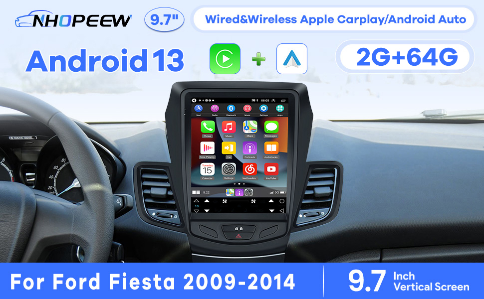 NHOPEEW [2G+32G] Vertical Car Radio for Ford Fiesta 2009-2014, 9.7 inch Android Touch Screen ...