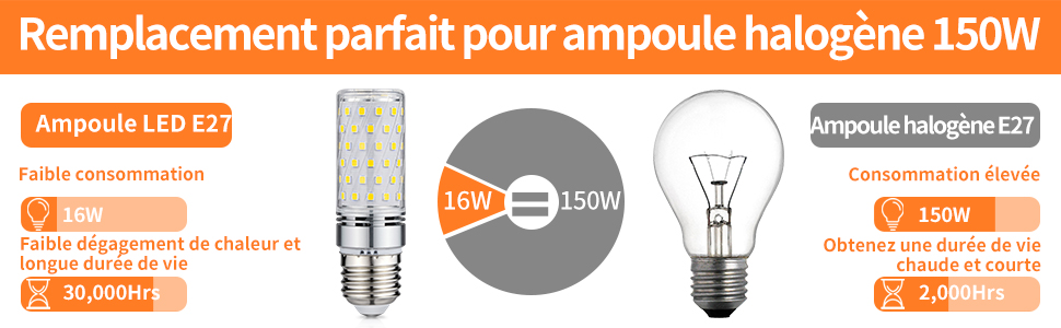 Tomosu Ampoule LED E27 Blanc Froid 6000K 1600LM, 16W Ampoules LED Intérieur E27 Équivalent 150W ...