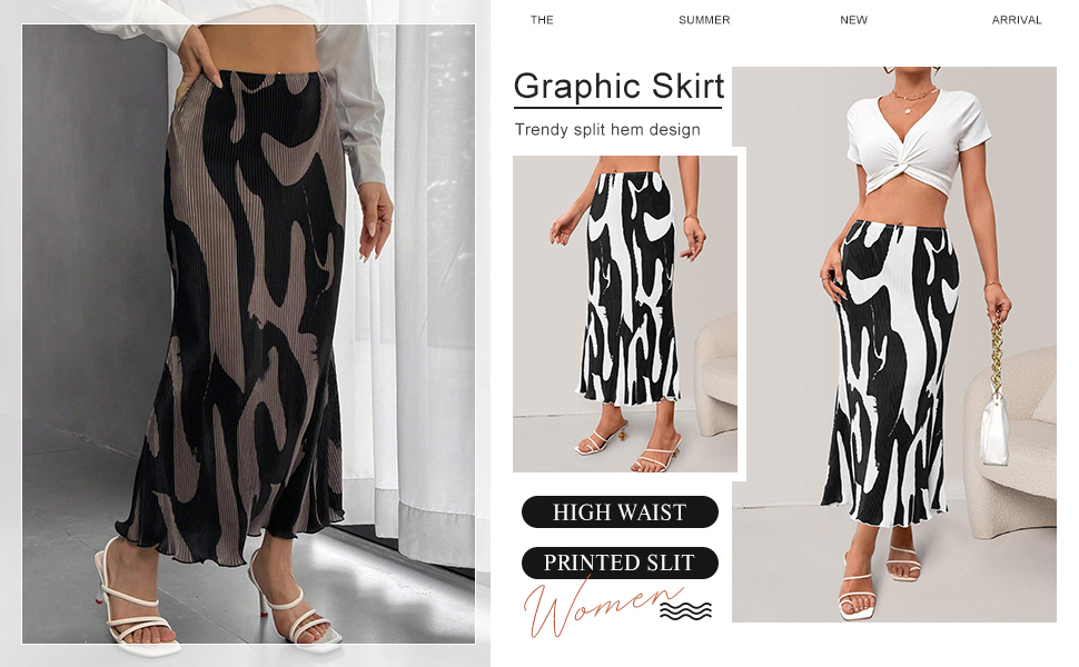 PRETTYGARDEN Women's 2024 Summer High Waist Graphic Print A Line Pleated Long Skirts for Women ...