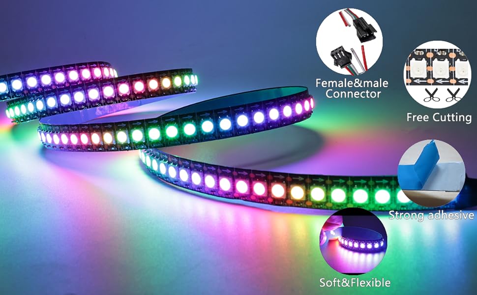 Tesfish 5V Ruban LED WS2812B, RGB Bande de Pixels 1M 144 LEDs/M IP30 ...