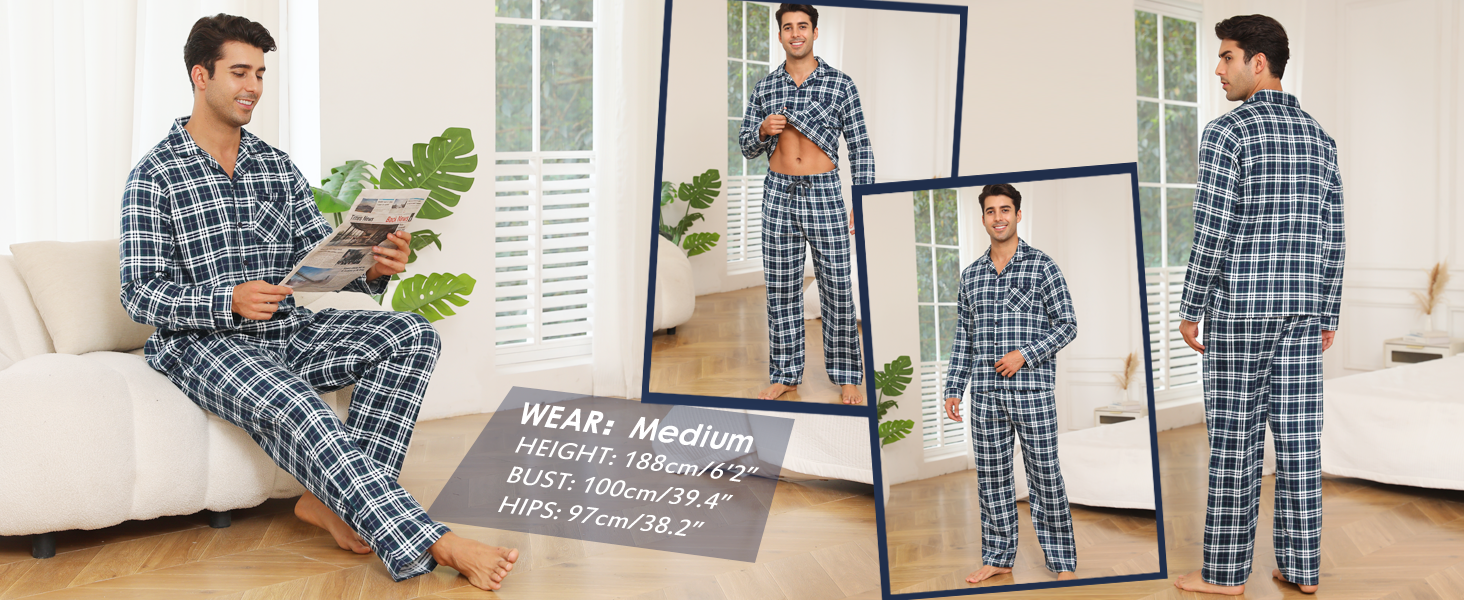 ENJOYNIGHT Mens 100% Cotton Flannel Pajamas Set Plaid Button Pjs Long Sleeve Sleepwear : Amazon ...