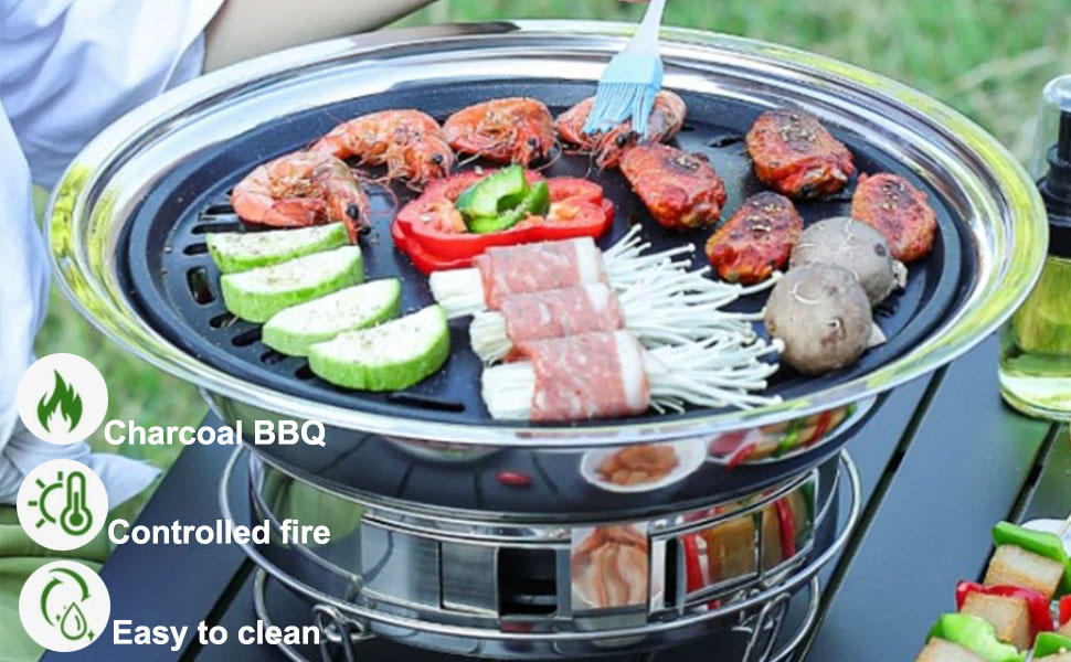 PHOJEWI Korean BBQ Grill Charcoal, Small Charcoal Grill 13.7 Inches Portable Grill Stainless ...