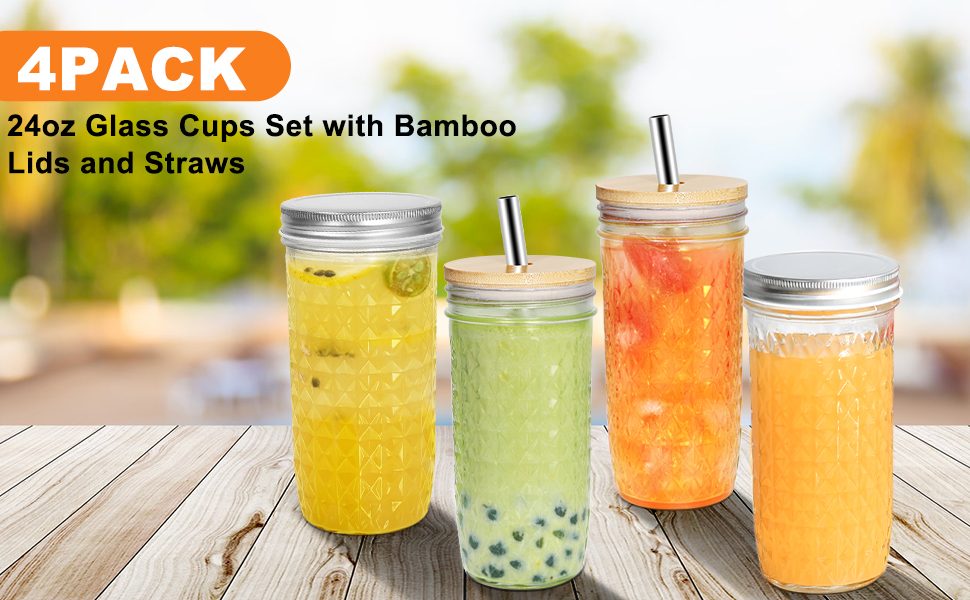4Pack Glass Tumbler Cups with Lids and Straws, 24oz Mason Jar Iced ...