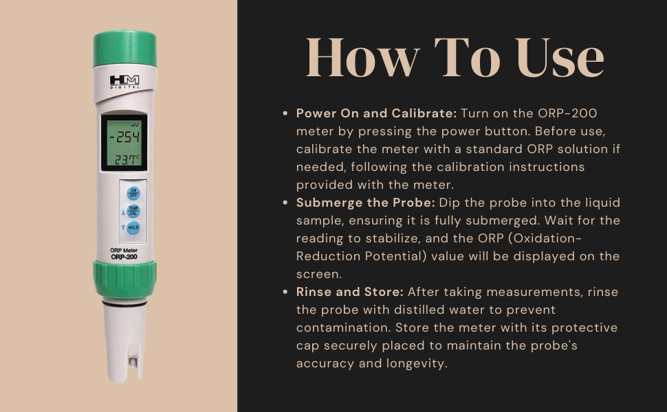 HM Digital ORP-200 Waterproof ORP Meter Measures Oxidation Reduction Potential and Temperature ...