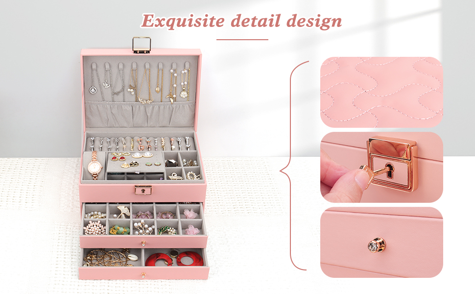 Amazon.com: DesignSter Jewelry Box, Jewelry Organizer with 2 Drawers, 3 Layers Leather Jewelry ...