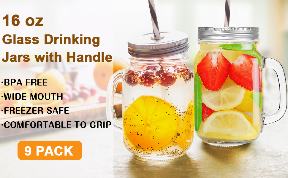 9 Pack Glass Mason Jar with Handle, 16 oz Mason Jar Drinking Glasses Old Fashioned Regular ...
