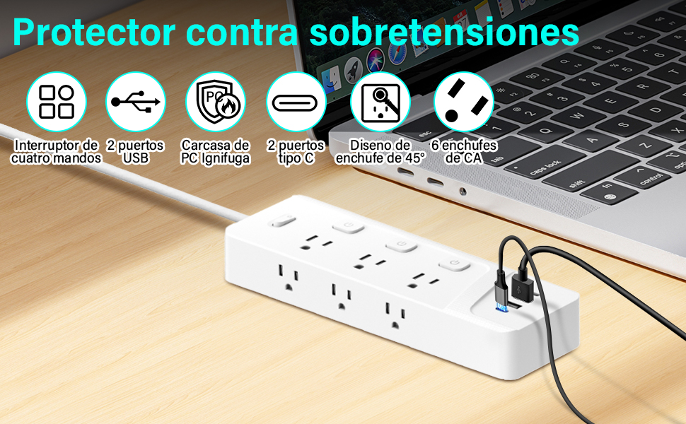 GALASALA Multicontacto Regleta Extension Electrica con Protector Supresor de Picos de Voltaje, 1 ...