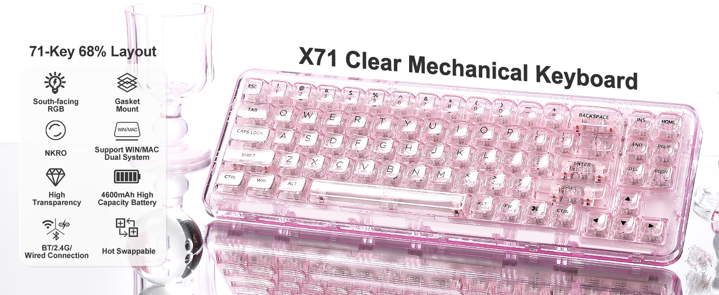 YUNZII X71 Transparent Mechanical Keyboard with Clear Keycaps, BT5.0/2.4G/USB-C Wired Gaming ...