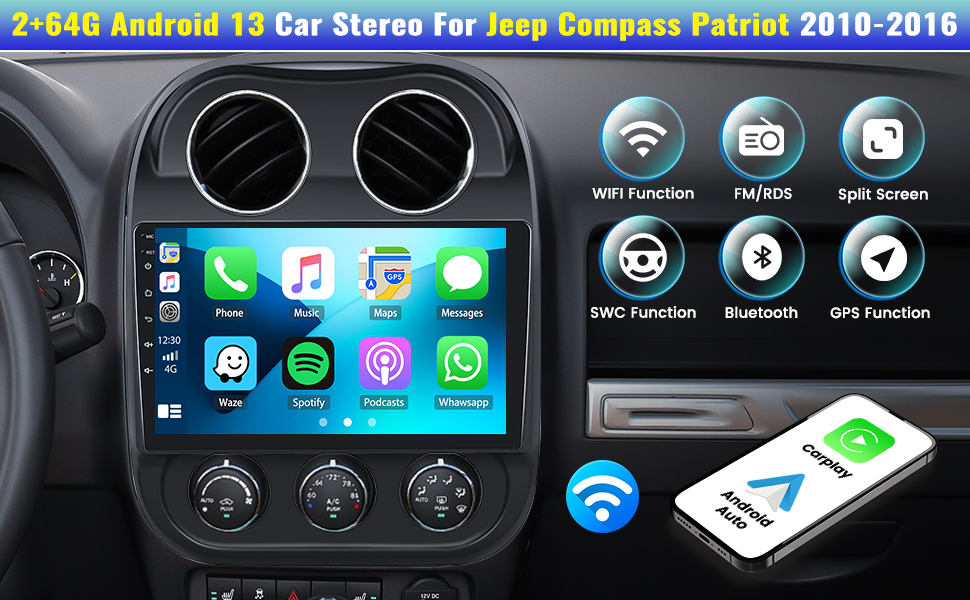 Amazon.com: 2+64G Android 13 Car Stereo for Jeep Compass Patriot 2010-2016 with Wireless Apple ...
