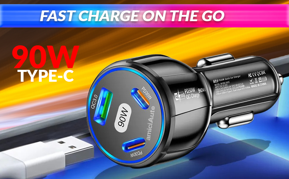 amiciAuto 90W High-Power Car Charger with Triple USB Ports with PD3.0 & QC 3.0 Fast Charging ...
