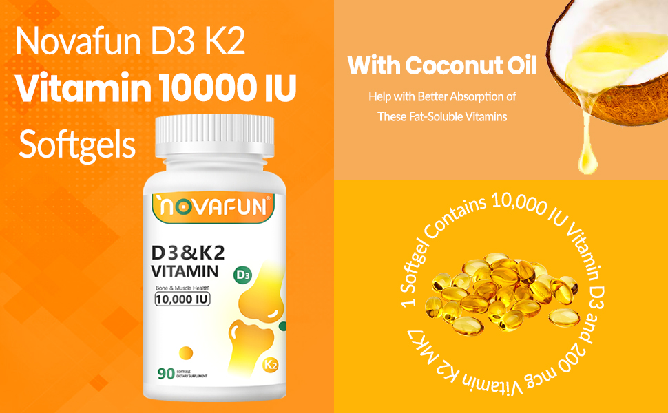Amazon.com: Novafun D3 K2 Vitamin 10000 IU Softgels, D3 K2 Supplement with Coconut Oil for Bone ...