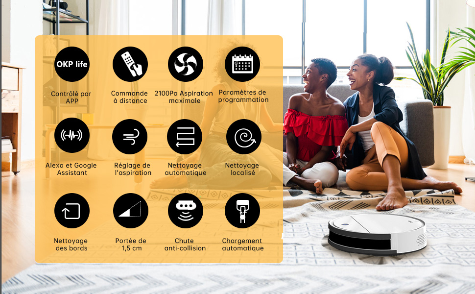 OKP Life Aspirateur Robot K5B, Robot Aspirateur Laveur 3 en 1, Mince Silencieux Connecté WiFi ...