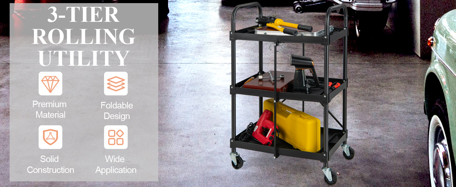 Amazon.com: IRONMAX Folding Service Cart with Wheels, Heavy Duty Metal 3 Tier Foldable Utility ...