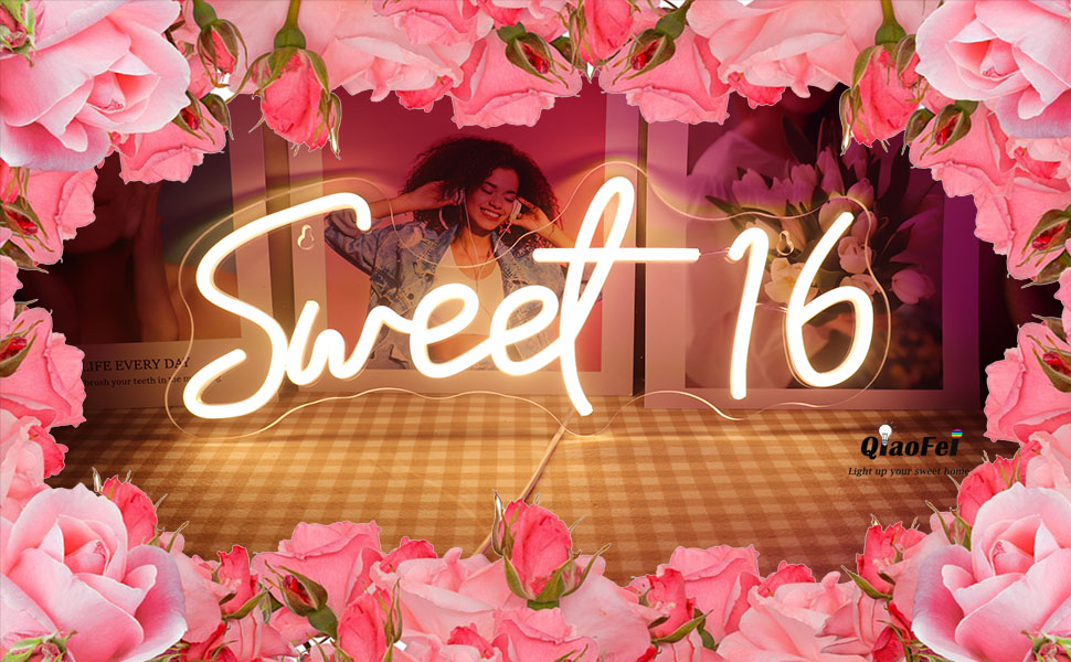 QiaoFei Led Sweet 16 Neon Sign USB Powered with Dimmer Switch Neon Lights for Girls Room Home ...