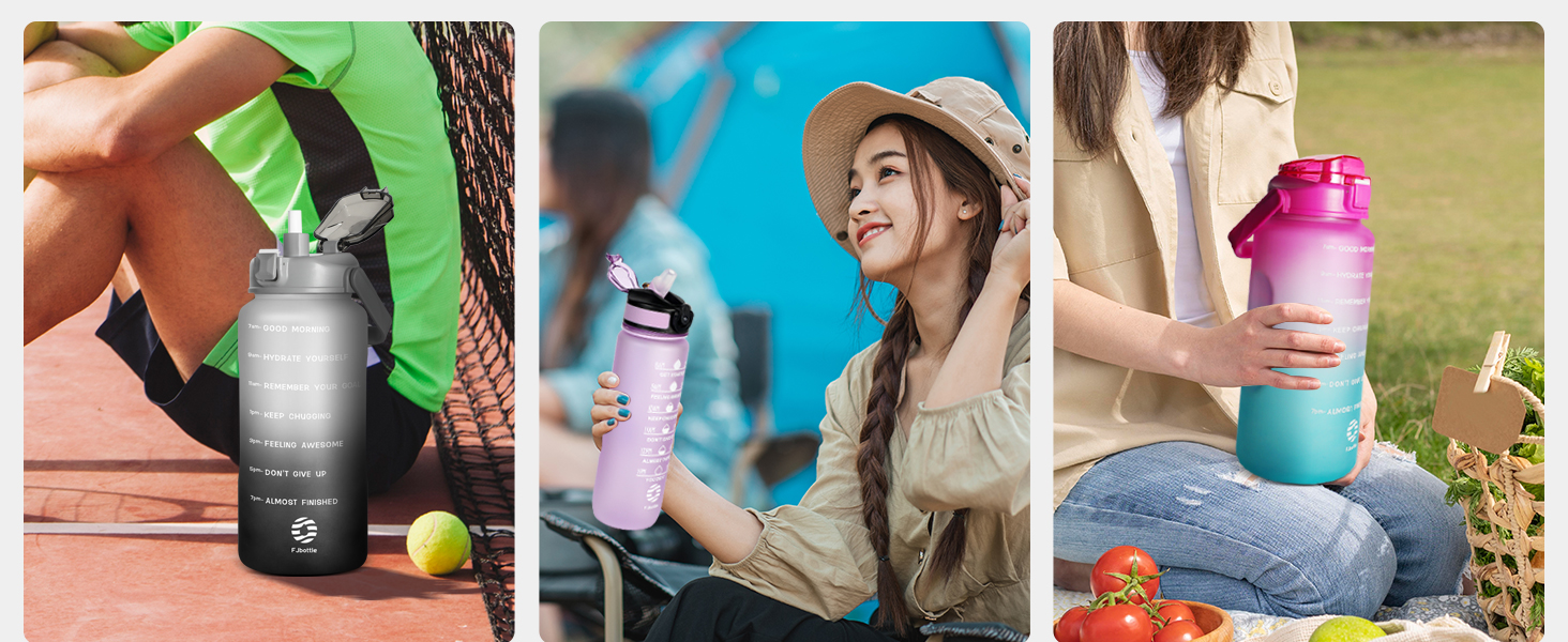 Amazon｜FJbottle 水筒 2リットル+0.8リットル ウォーターボトル(ストラップ付き) 2000ml+800ml 大容量 目盛り 軽量 直飲み BPAフリー ハンドル付き ...