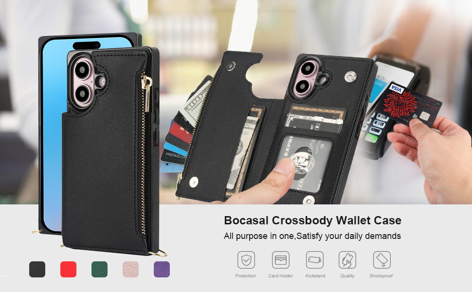 Amazon.com: Bocasal Crossbody Wallet Case for iPhone 16 with RFID Blocking Card Slot Holder ...