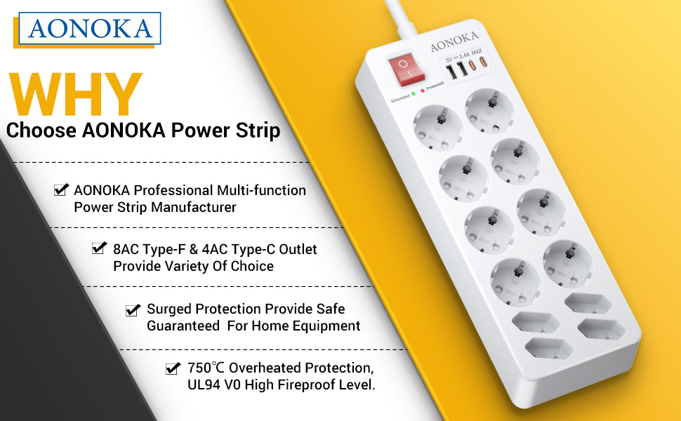 12 Fach Steckdosenleiste mit USB-C(16A / 4000 W) Mehrfachsteckdose mit 4 USB überspannungsschutz ...